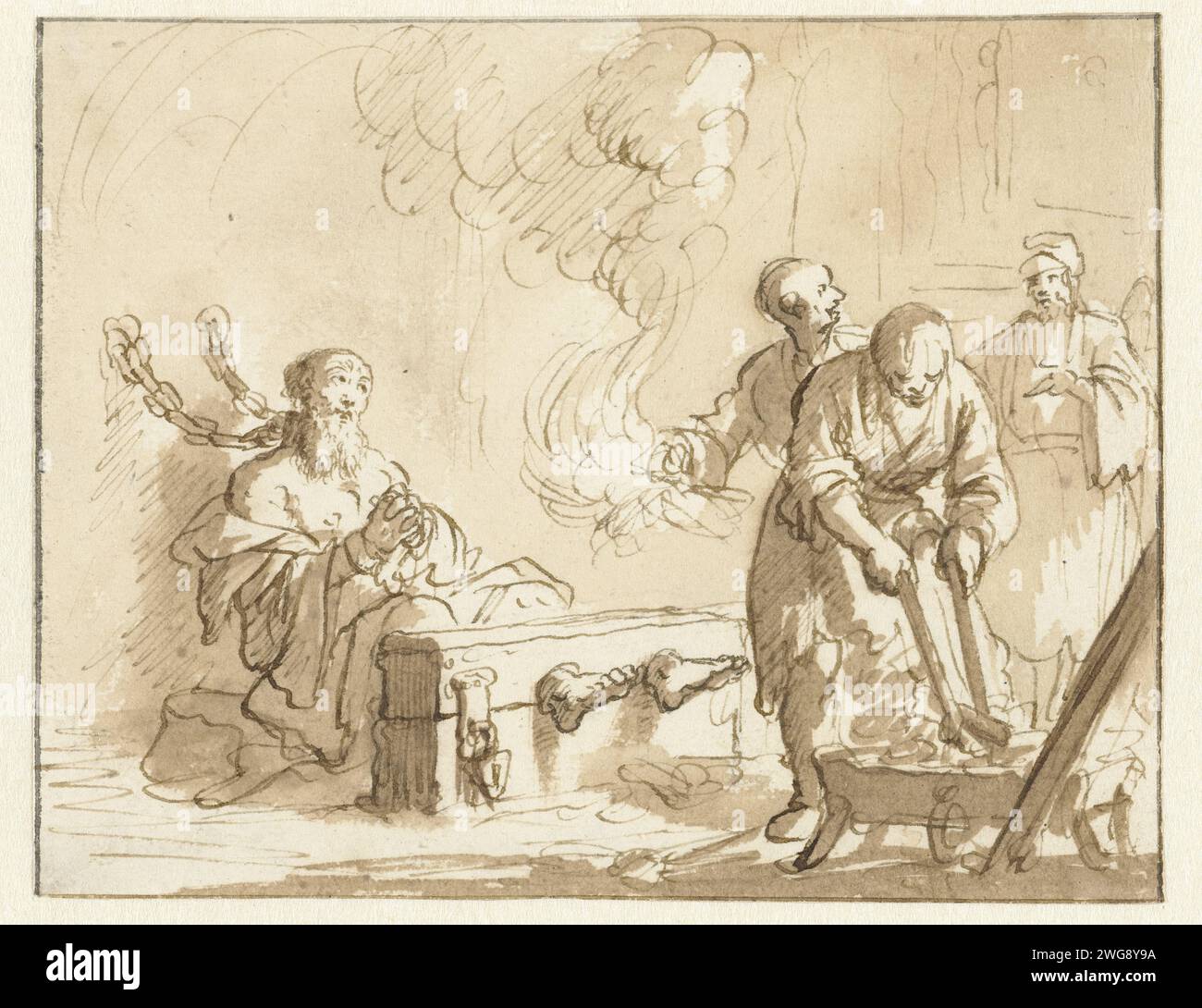 Origenes in prison with fire tortured, Jan Luyken, 1683 - 1685 drawing ...