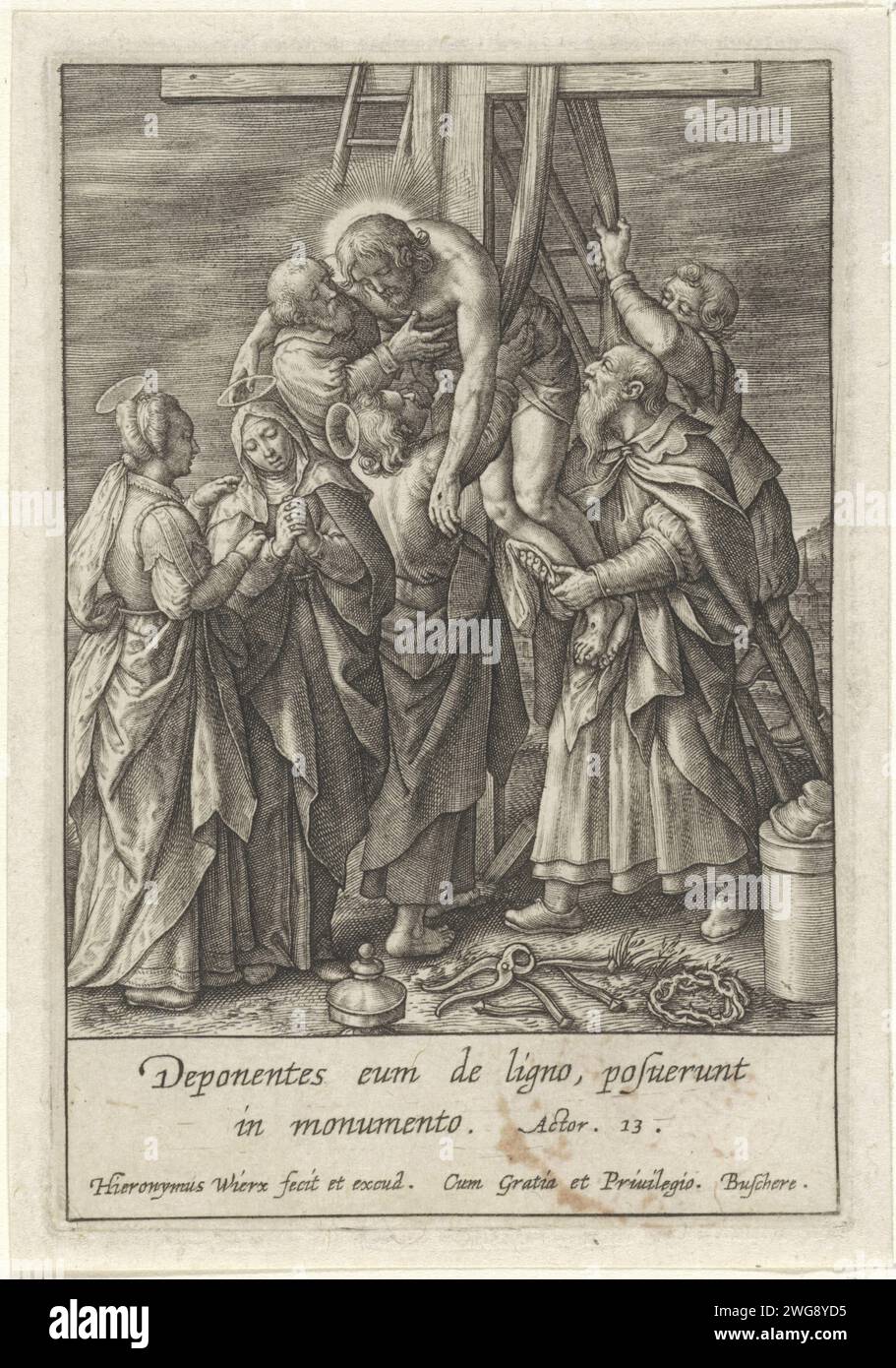 Kruisafneming, Hieronymus Wierix, 1563 - before 1619 print The body of Christ is taken off the ...