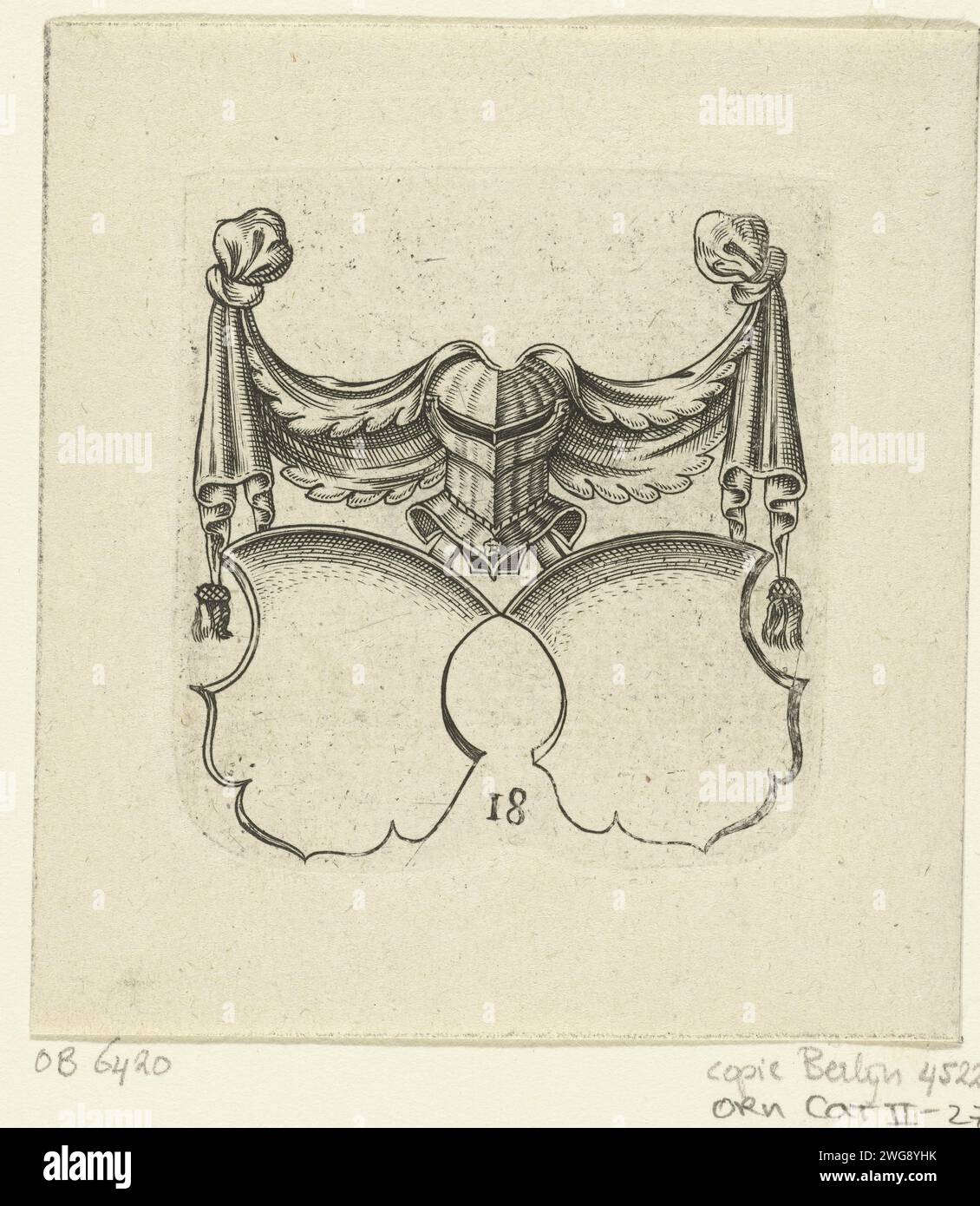 Two coats of arms side by side, 1625 print Above it is a helmet with a ...