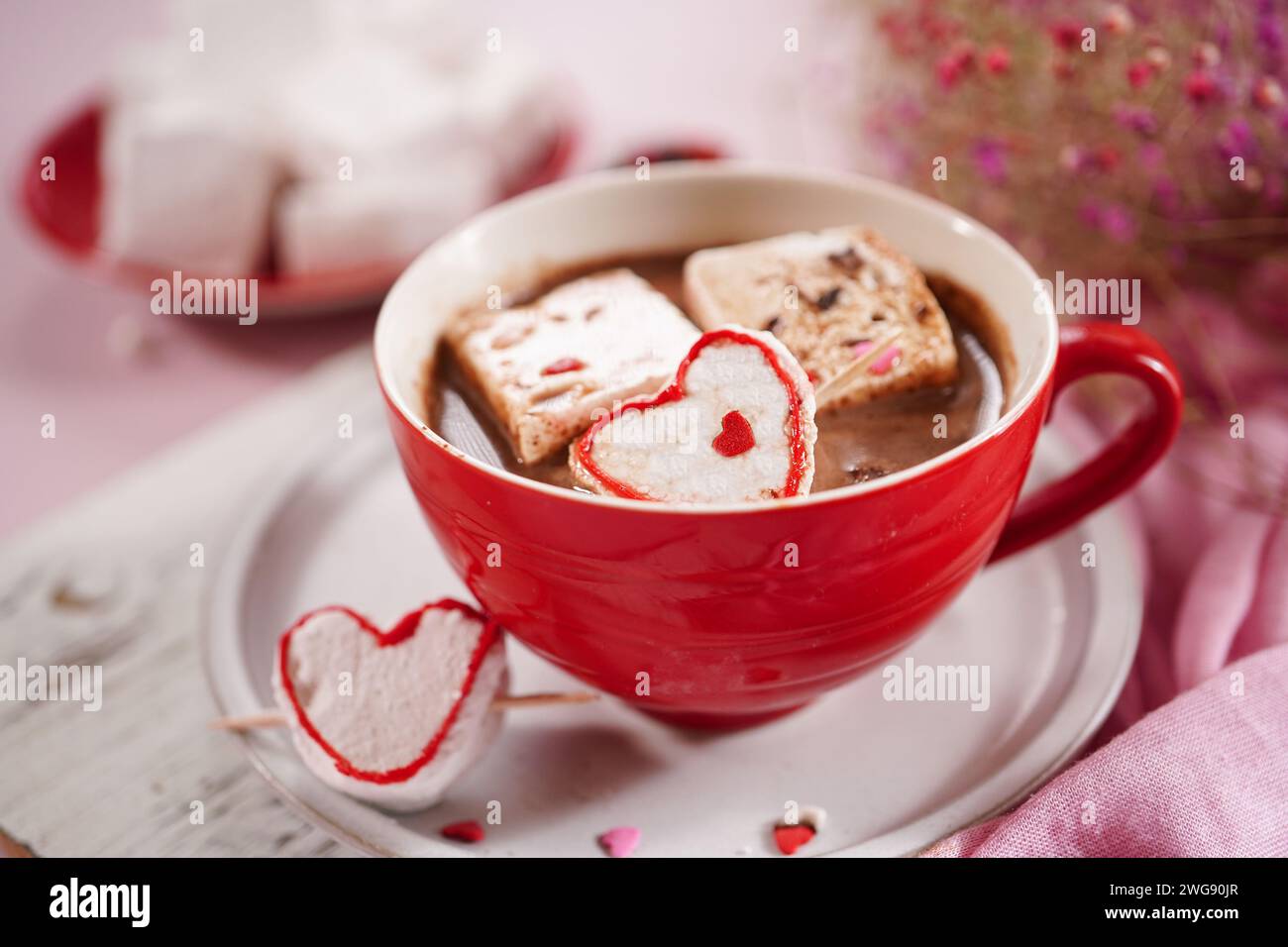 Valentines day hot chocolate or cocoa with homemade heart marshmallows ...
