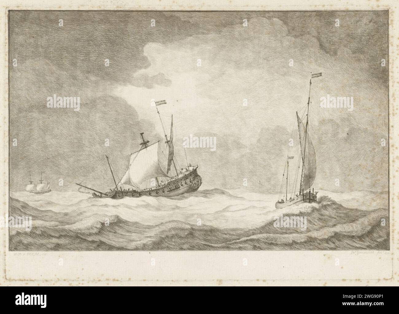 Three sailing ships at sea, John Greenwood, After Willem van de Velde ...