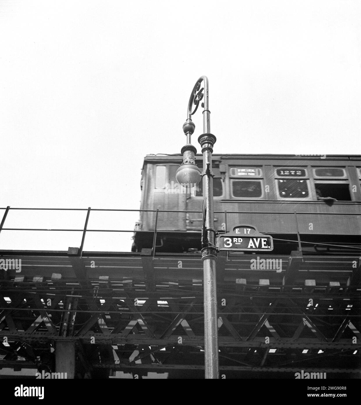 Low angle view of elevated subway train, 3rd Avenue and 17th Street ...