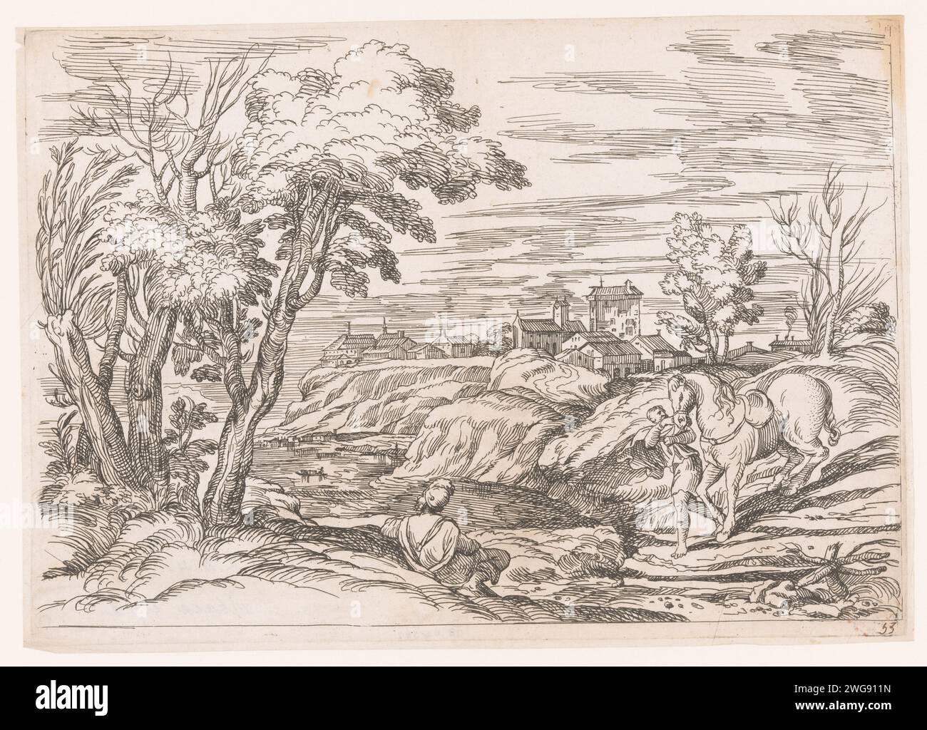 Landscape with a rider next to his horse and view of a village on the ...
