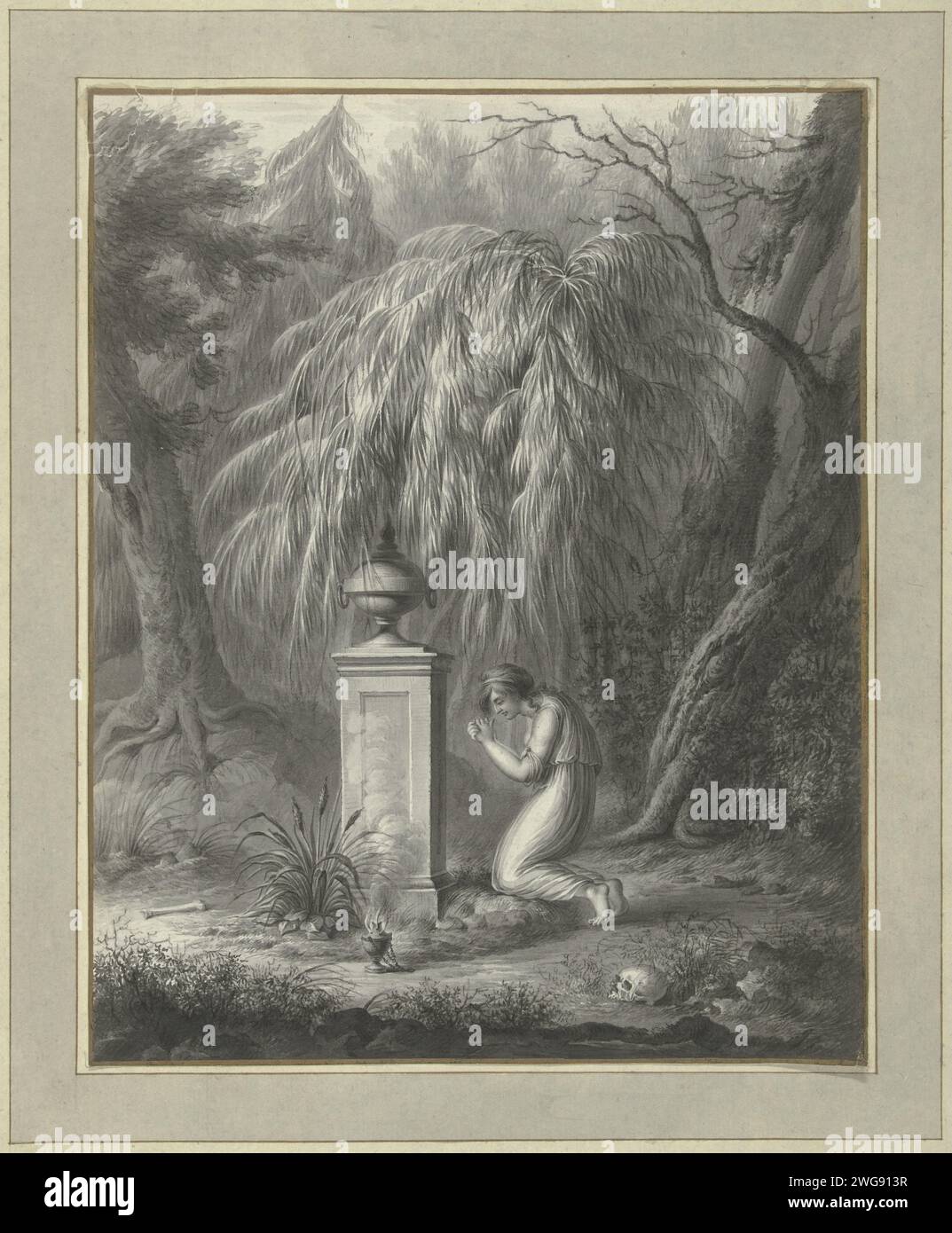 Woman kneeling for a burial monument, anonymous, 1700 - 1800 drawing ...