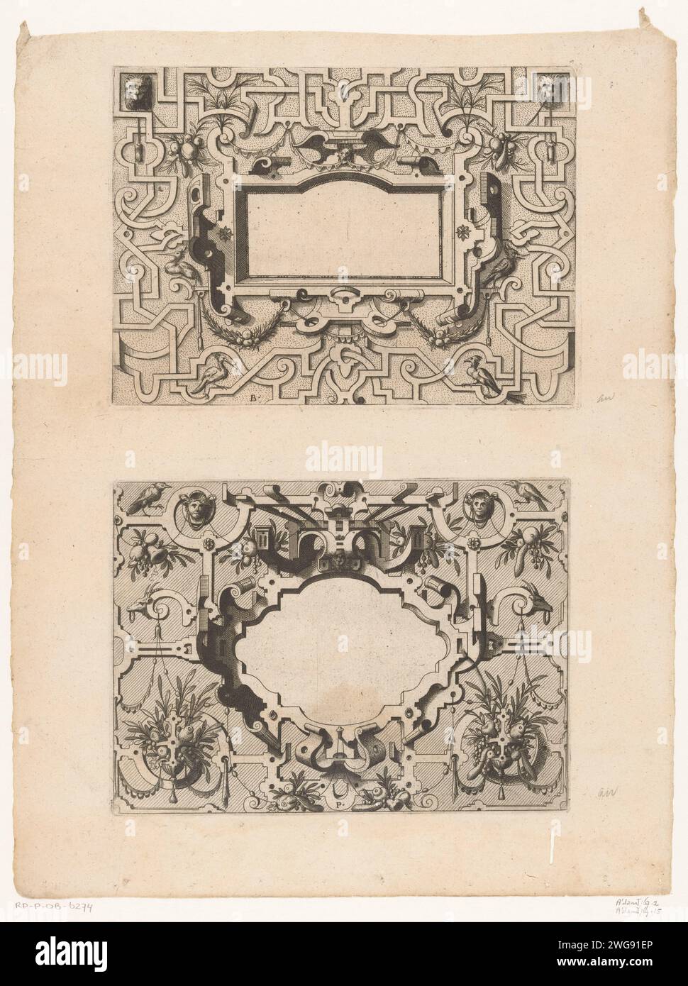 Cartouches with birds and fruit races, Anonymous, After Hans Vredeman ...