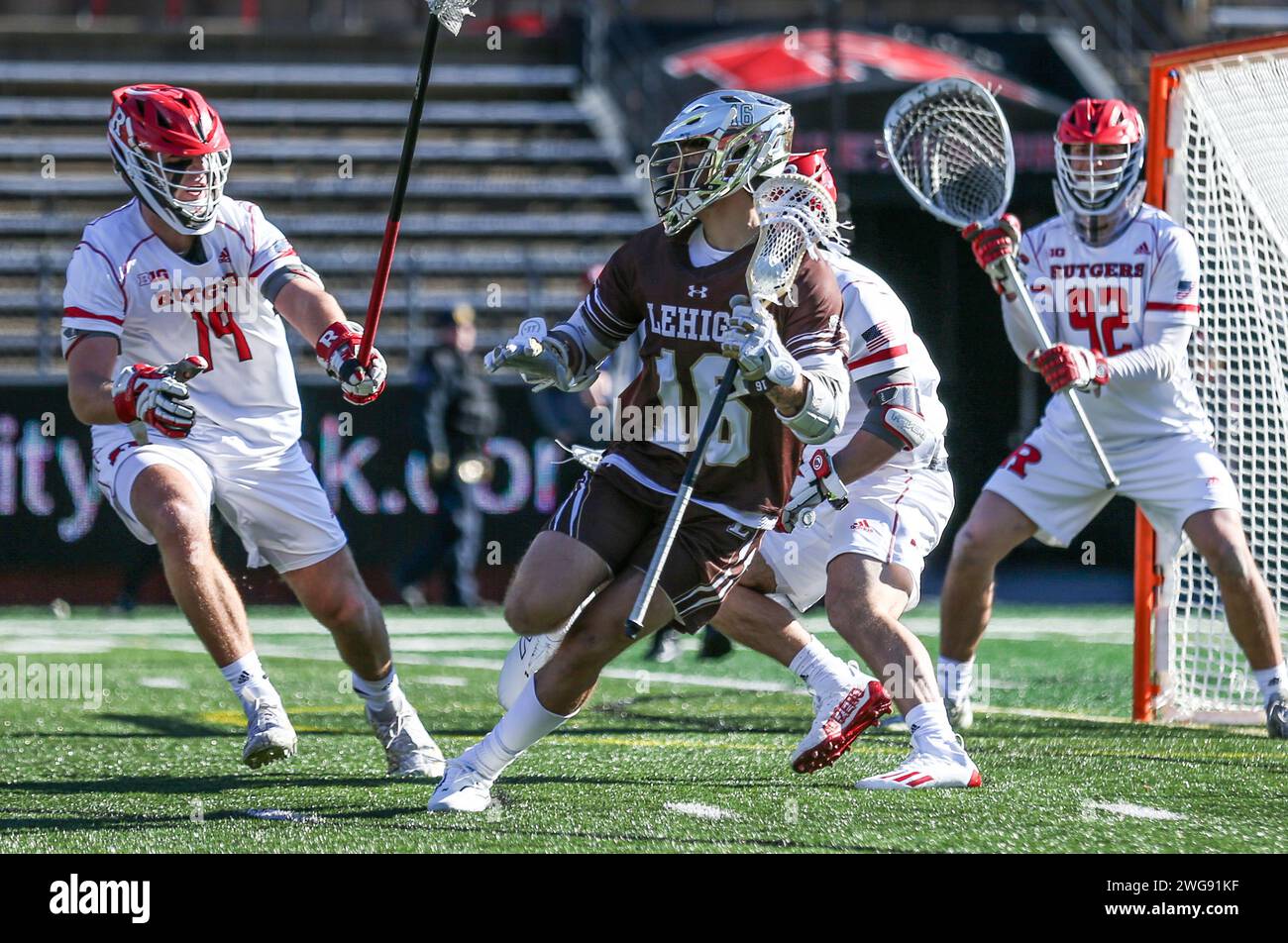 Piscataway, NJ, USA. 03rd Feb, 2024. Lehigh attack Tyler Lahey (16) looks to make a play during ...