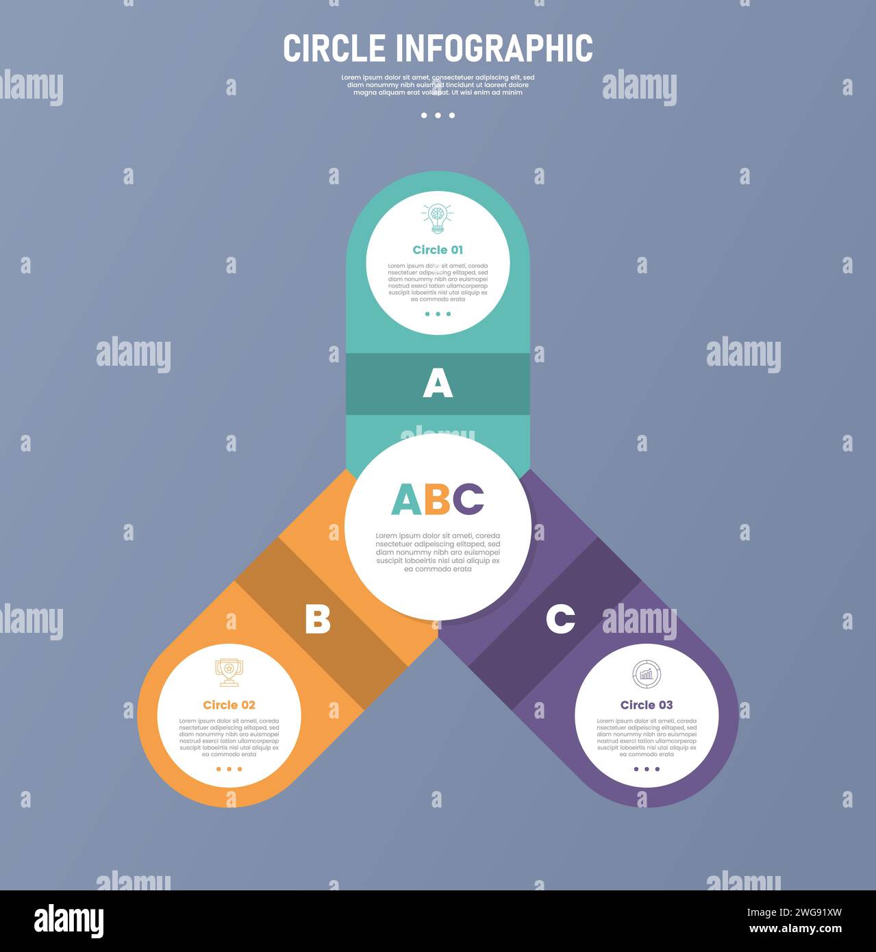 3 point circle infographic stage or step template with creative round ...