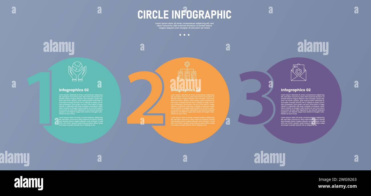 3 point circle infographic stage or step template with big numerical ...