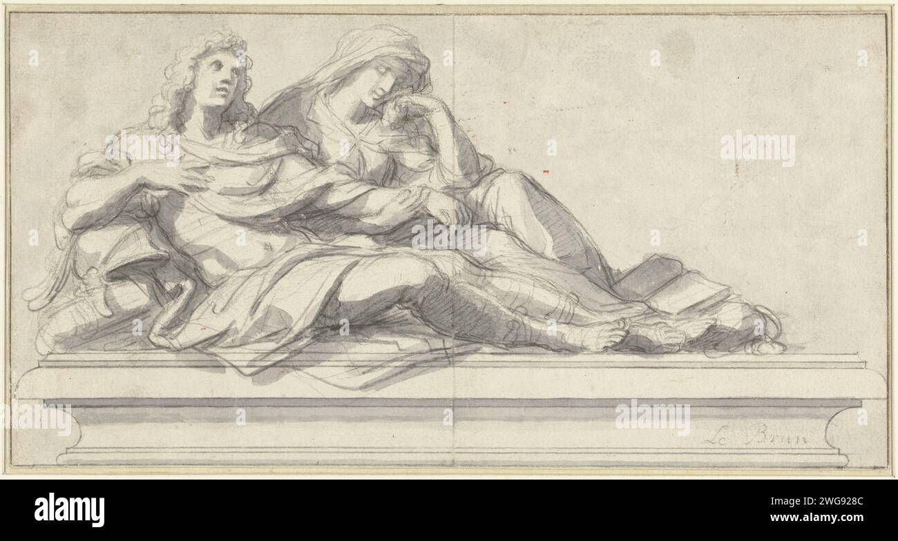 Sarcophagus with two figures, Charles Le Brun, 1630 - 1690 drawing ...