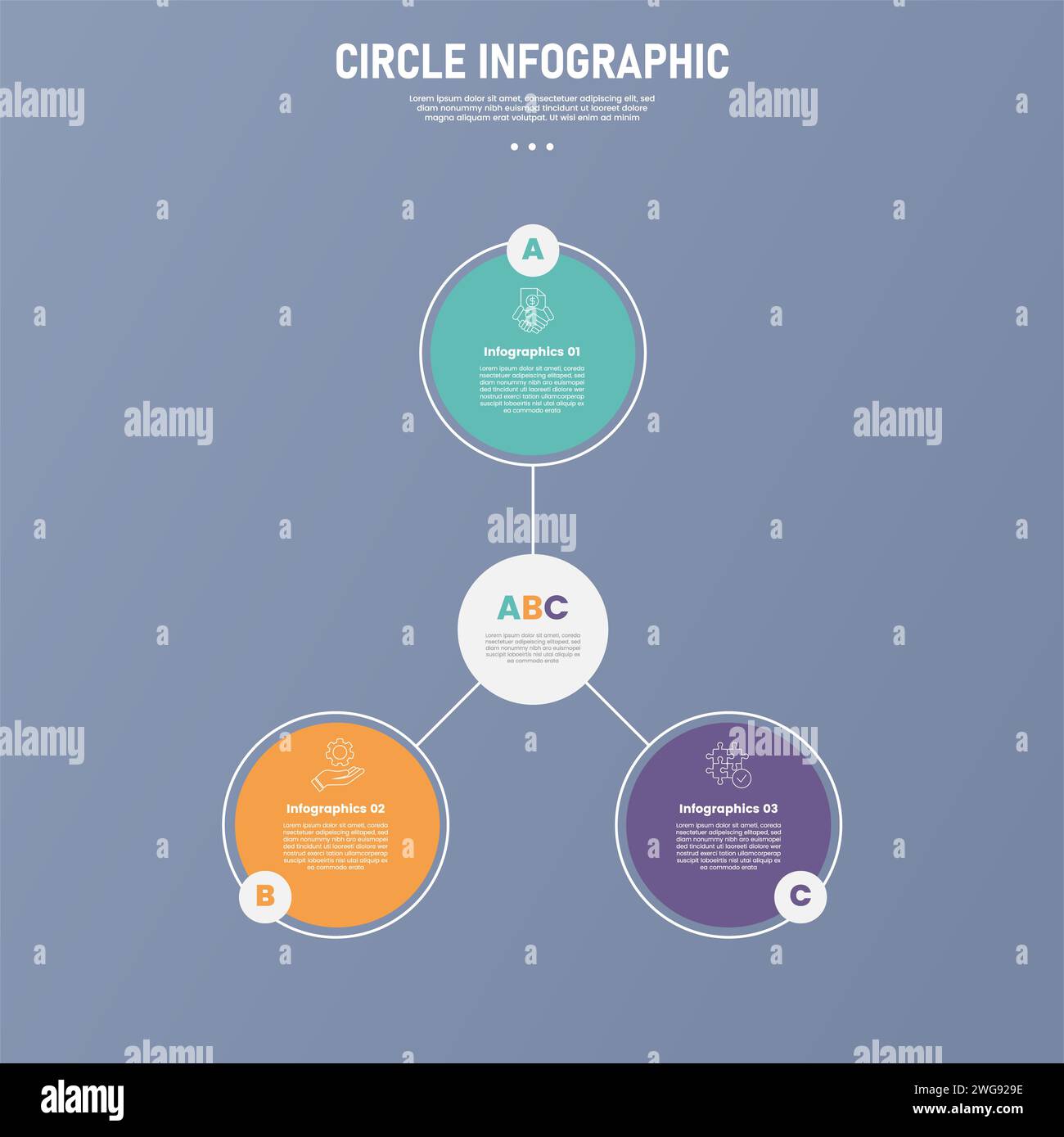 3 point circle infographic stage or step template with hierarchial structure with line linked ...