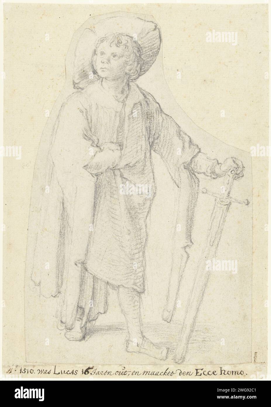 Standing boy with sword, Lucas van Leyden, 1508 - 1512 drawing paper ...