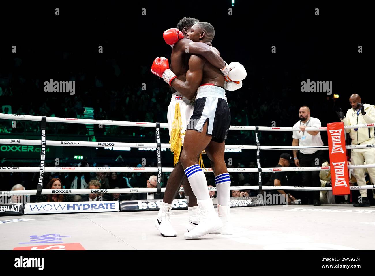 Joshua Buatsi (left) and Dan Azeez hug after the WBA Light-Heavyweight ...