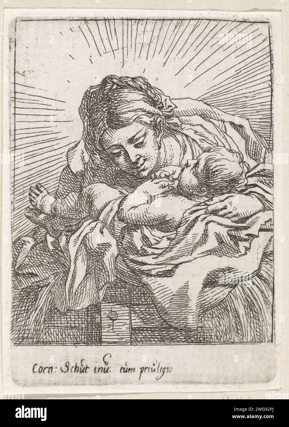 Madonna with child, Cornelis Schut (I), 1618 - 1655 print Maria bends ...
