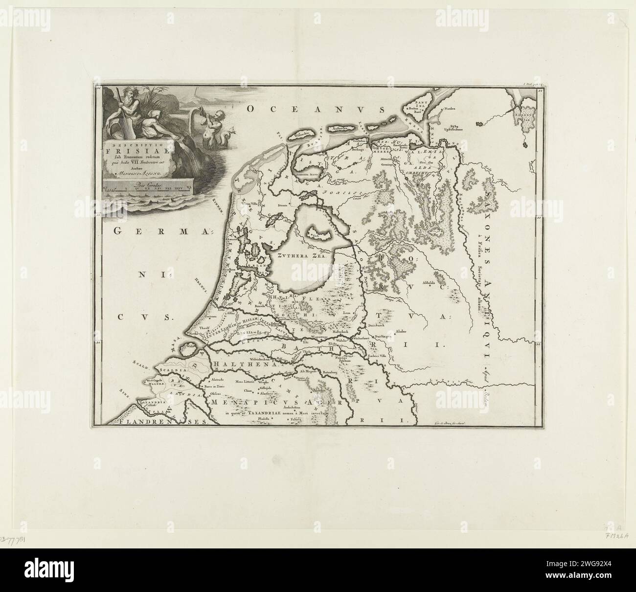 Historical map of the Netherlands with the areas of the Batavians and Frisians, 1695 - 1700 ...