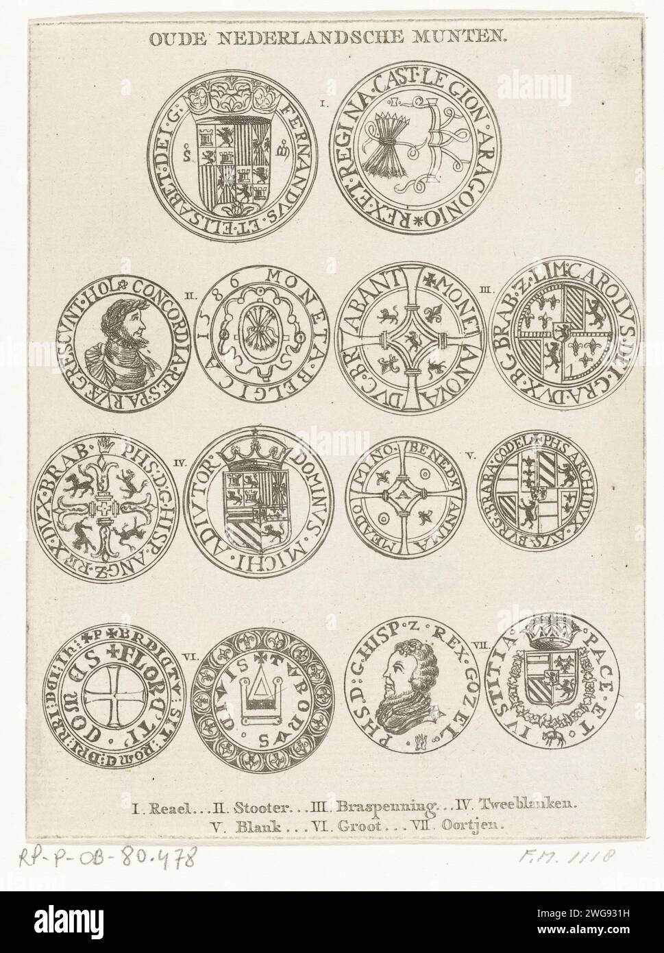 Old Dutch Coins, ca. 1600, 1784 - 1786 print Leaf with seven different ...