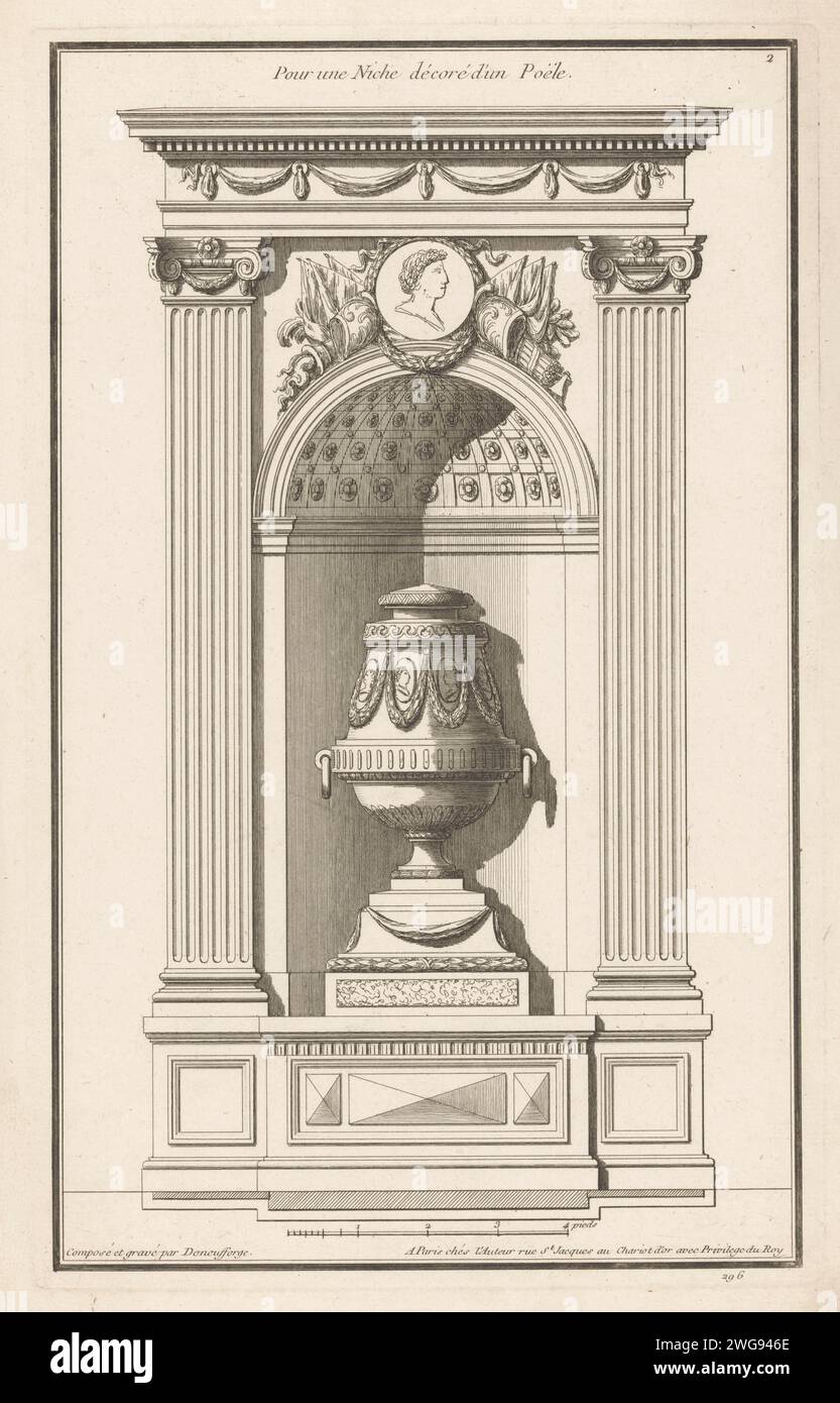 print A vase with garlands and medallions on a pedestal in a ...