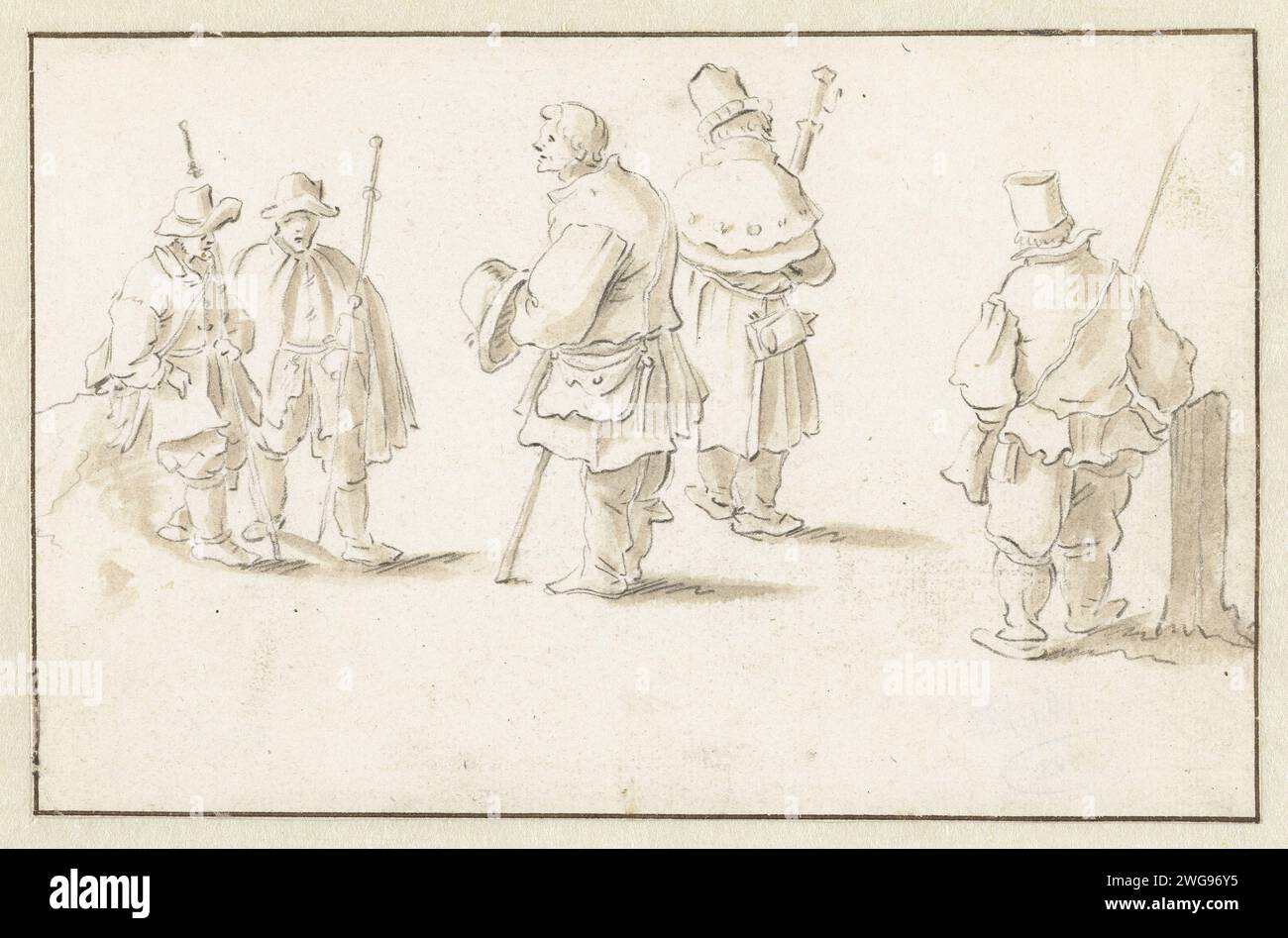 Five standing men (pilgrims?), Herman Saftleven, 1619 - 1685 drawing ...