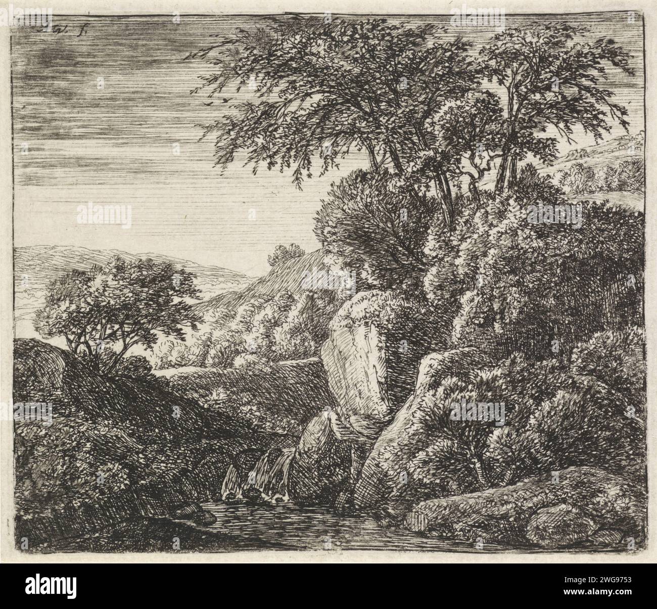 Landscape with a small waterfall, Anthonie Waterloo, 1630 - 1717 print ...