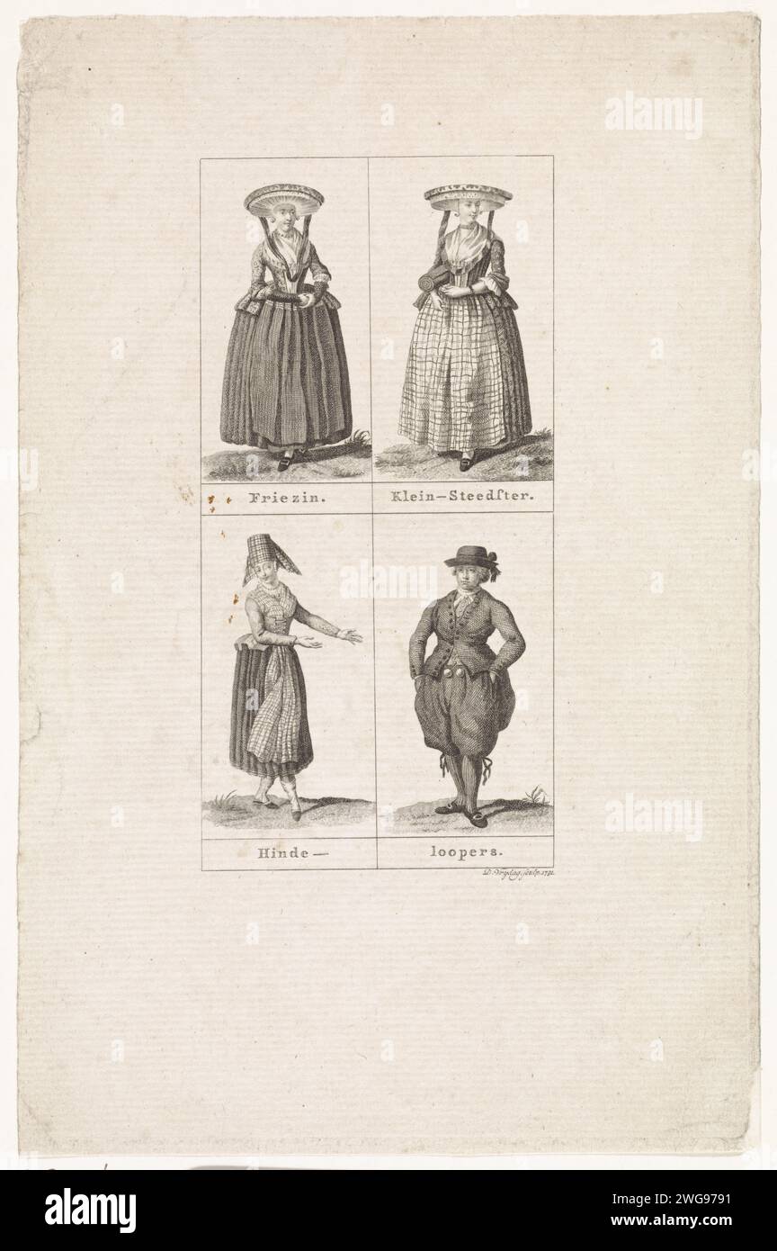 Four figures in Frisian traditional costume, Daniël Friday, 1791 print ...