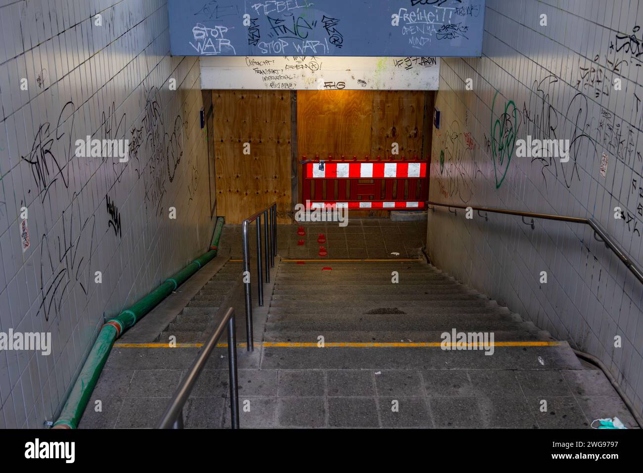 Fully lubricated walls at an exit with stairs at an underpass at a ...