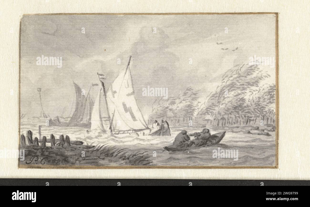 River face, Pieter Coopse, 1668 - 1677 drawing paper. ink pen / brush ...