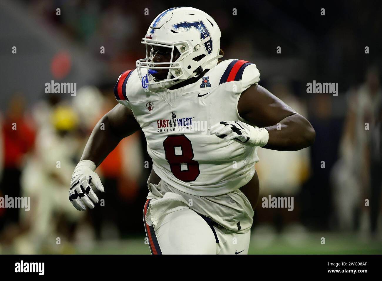 East defensive tackle Evan Anderson (8) of Florida Atlantic reacts up ...