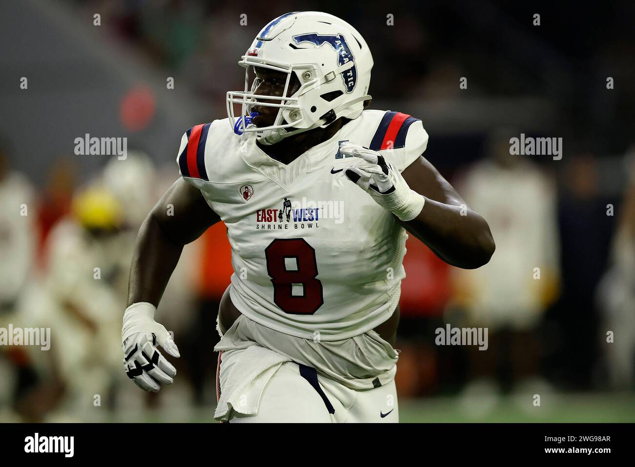East defensive tackle Evan Anderson (8) of Florida Atlantic reacts up ...
