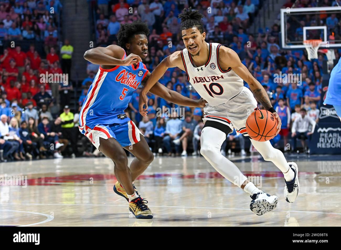 Oxford, MS, USA. 03rd Feb, 2024. Auburn guard Chad Baker-Mazara (10) drives against Ole' Miss ...