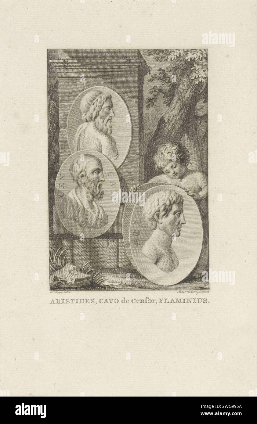 Medallions with portraits of Aristides, Cato de Oude and Flaminius ...