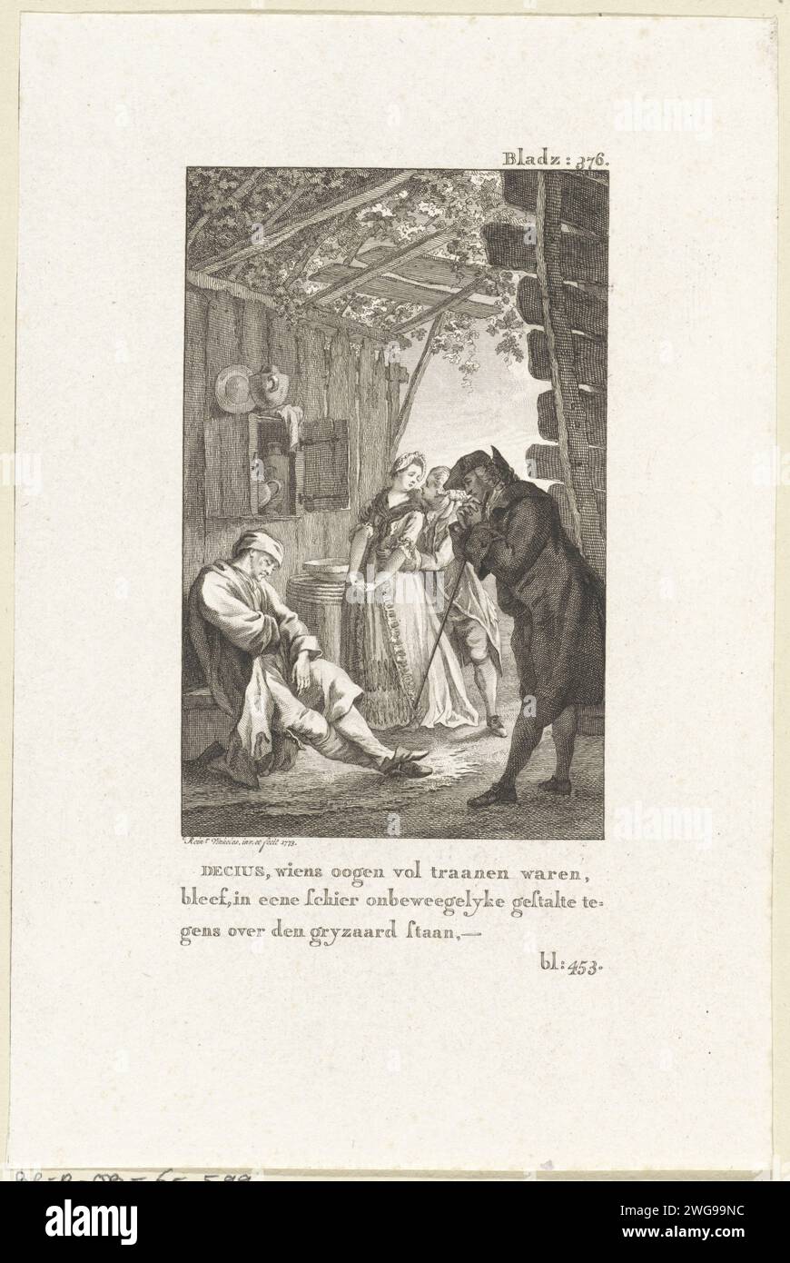 In a shed a man stands opposite a sleeping old man, Reinier Vinkeles (I ...