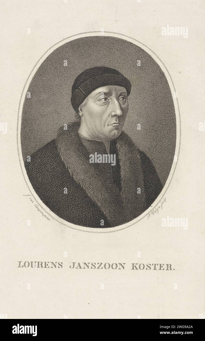 Portrait of Laurens Jansz. Coster, Philippus Velijn, After J. van Campen, 1824 print Haarlem ...