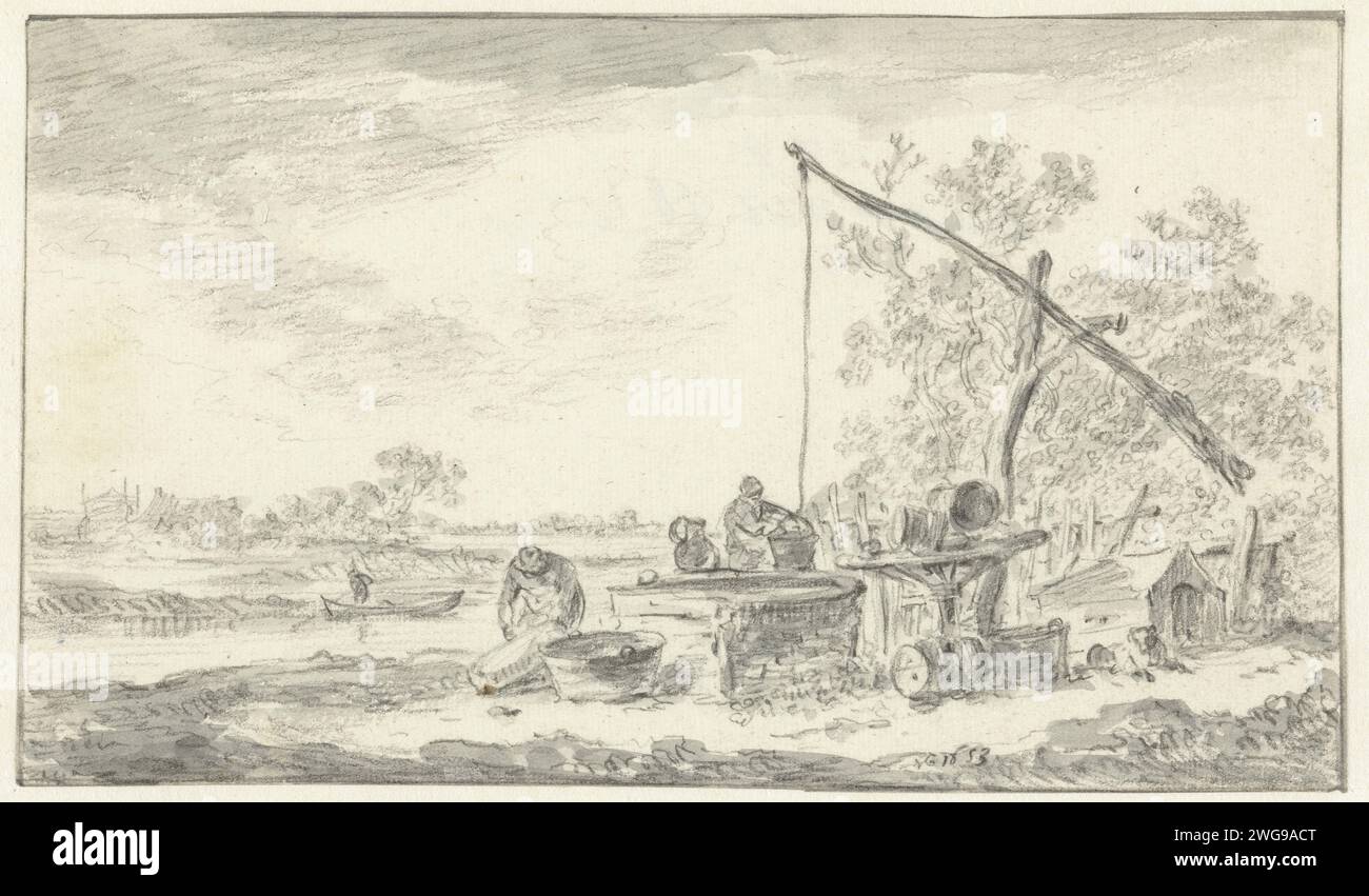 Two figures at a well, Jan van Goyen, 1653 drawing paper. chalk brush ...
