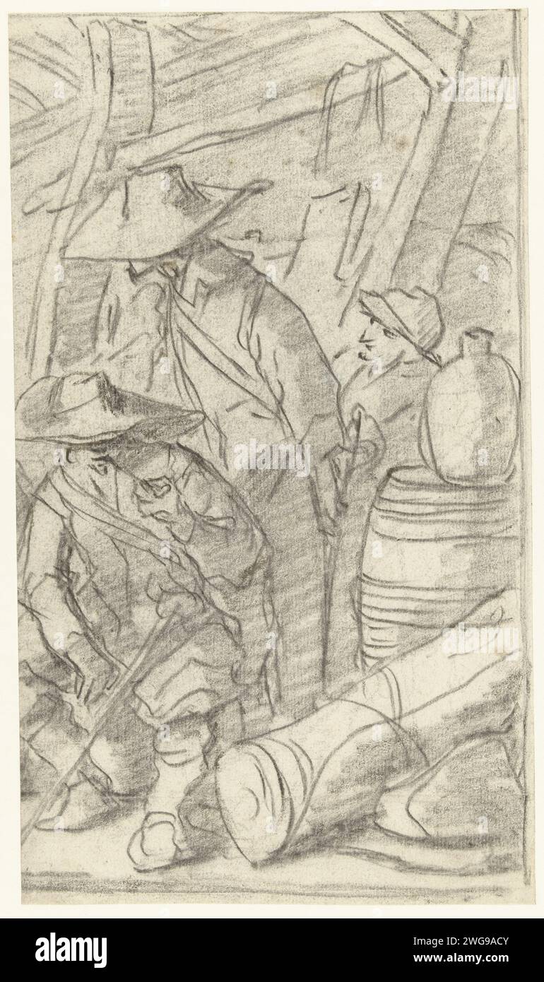 Three men in an army camp, c. 1634 - 1635 drawing Haarlem paper. chalk ...