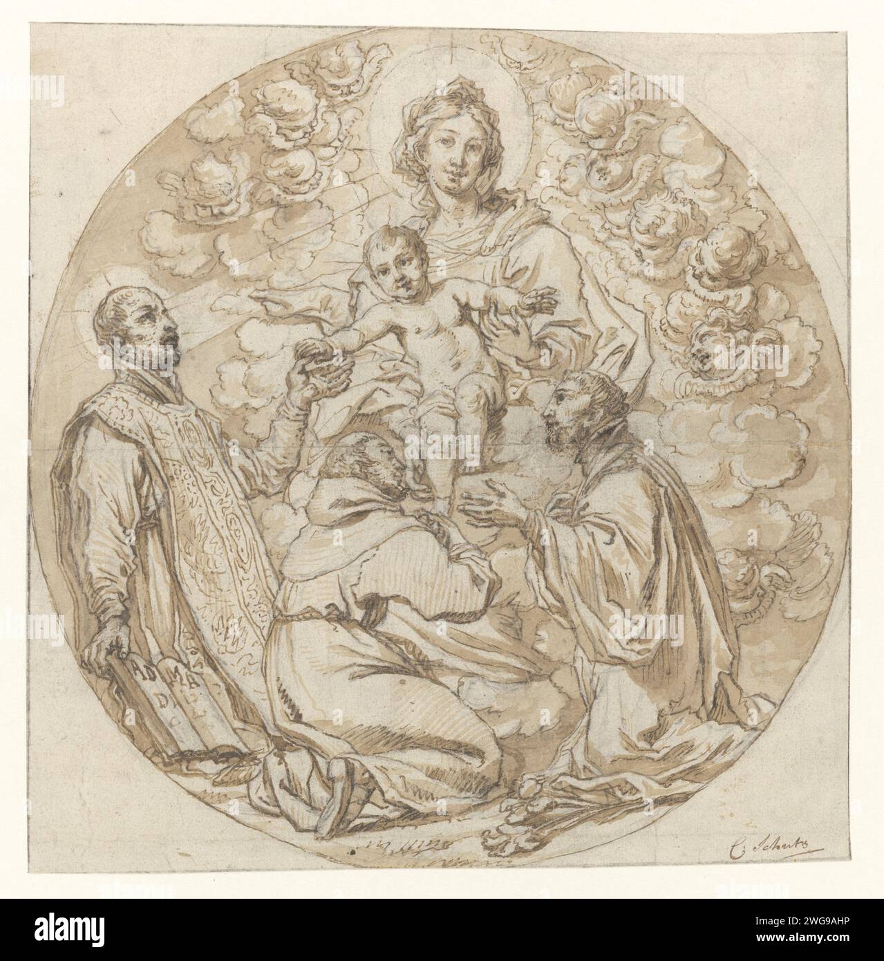 Maria with child worshiped by H. Ignatius van Loyola, H. Franciscus Xaverius and Saint Monnik ...
