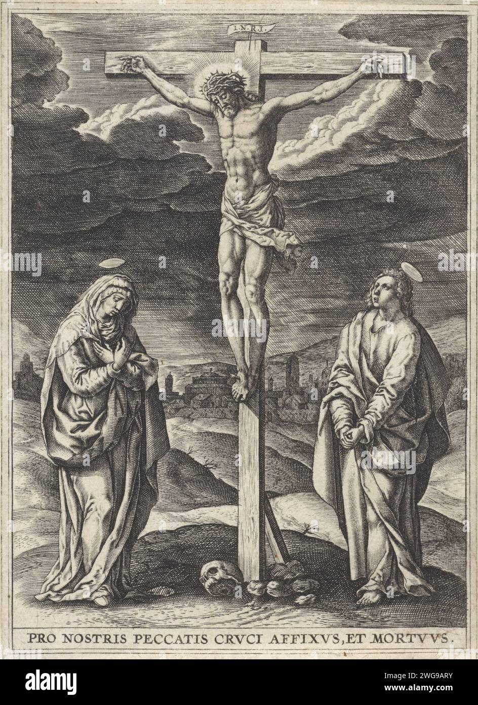 Crucifixion, Anonymous, After Maerten de Vos, 1560 - 1600 print Christ hangs on the cross. Maria ...