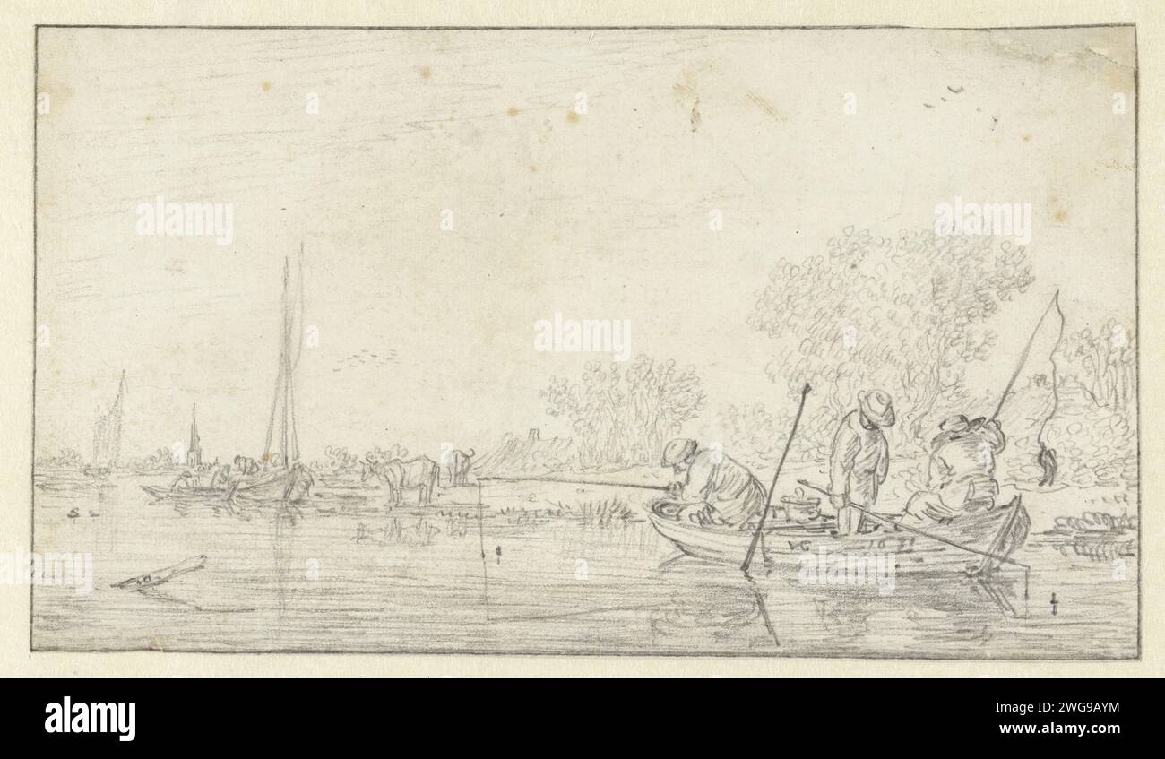 River face, Jan van Goyen, 1631 drawing Three anglers in a boat paper ...