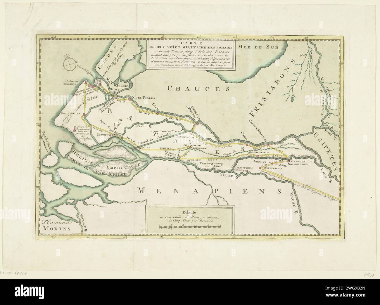 Map of two Roman military roads in the Netherlands, 1732 - 1734 print ...
