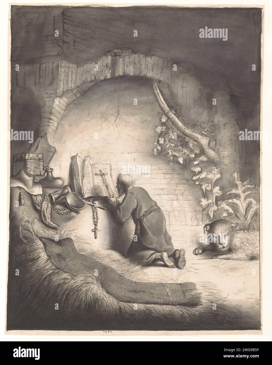 Saint Hieronymus and De Leeuw, 1660 drawing Zwolle paper. ink. chalk ...