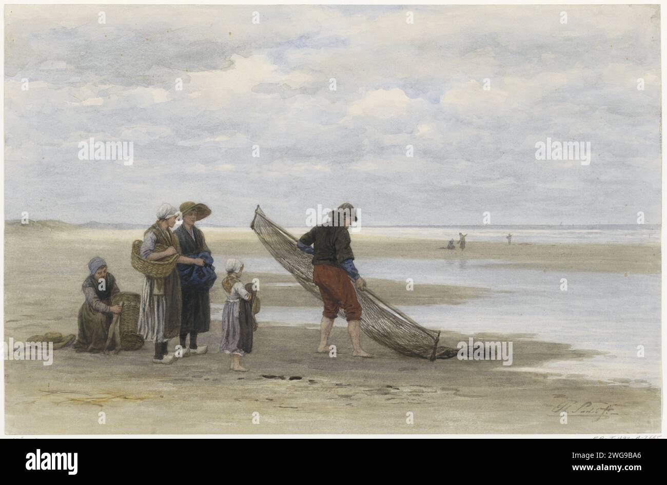 Shrimp fisherman on the beach, Philip Sadée, 1847 - 1892 drawing paper ...