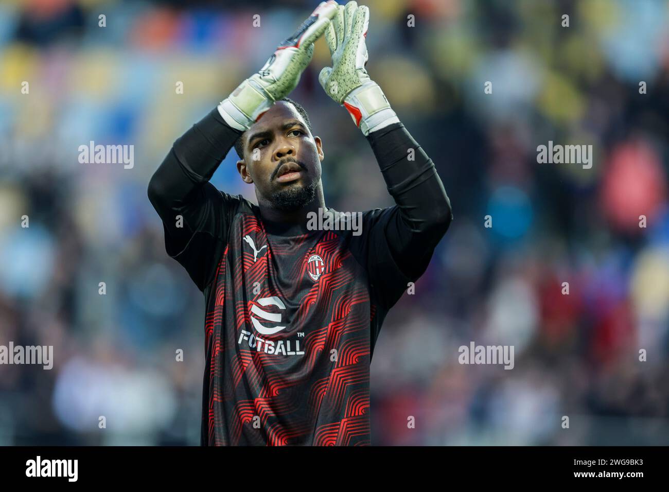 Milan’s French goalkeeper Mike Maignan gesticulate before the Serie A ...
