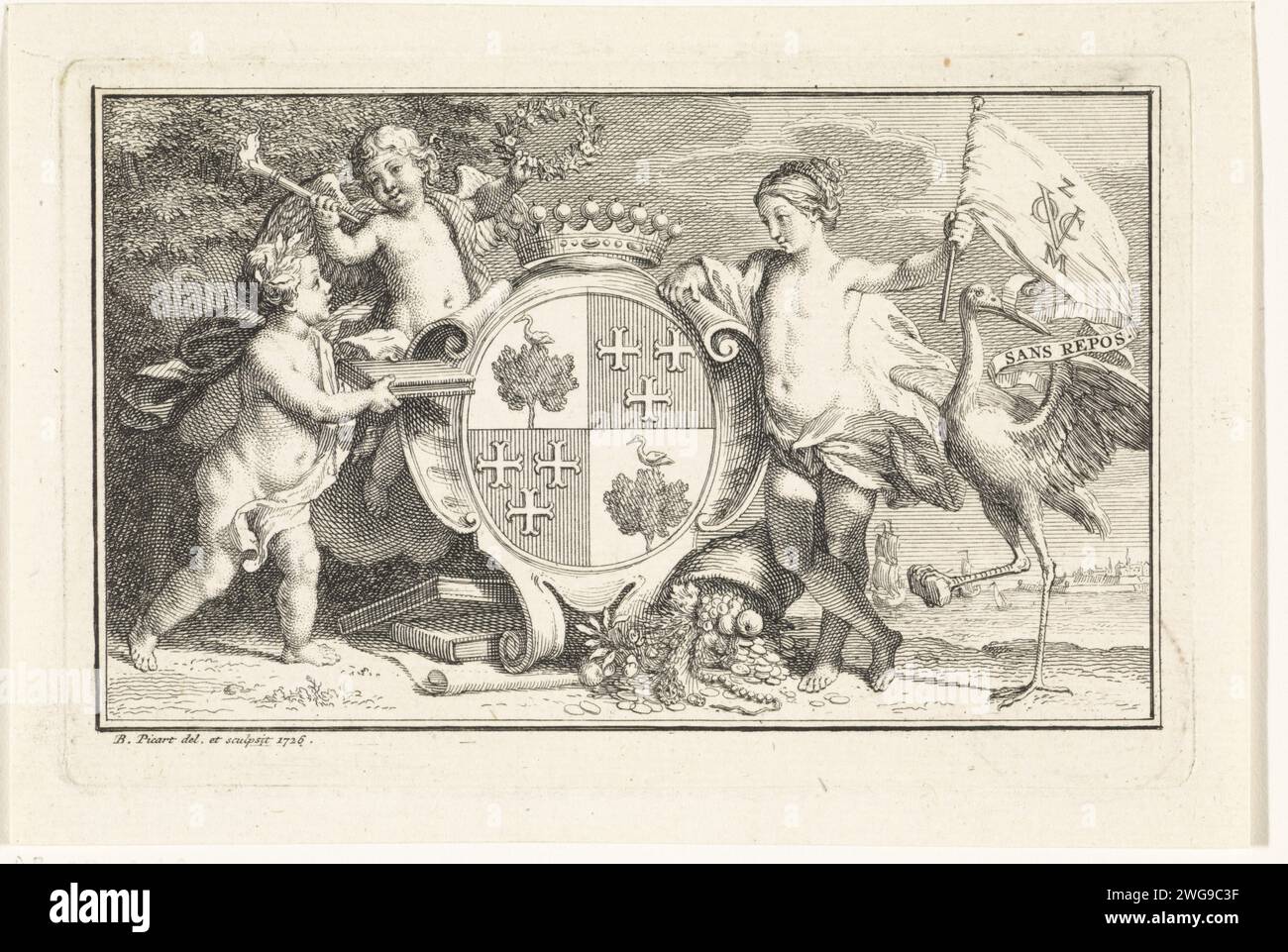 Coat of arms with a woman with the flag of the Zeeland Room of the VOC ...