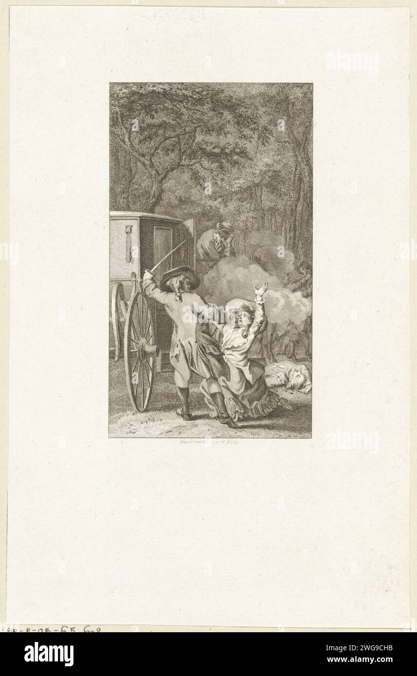 Robbery in the forest on a carriage, Reinier Vinkeles (I), 1788 print ...
