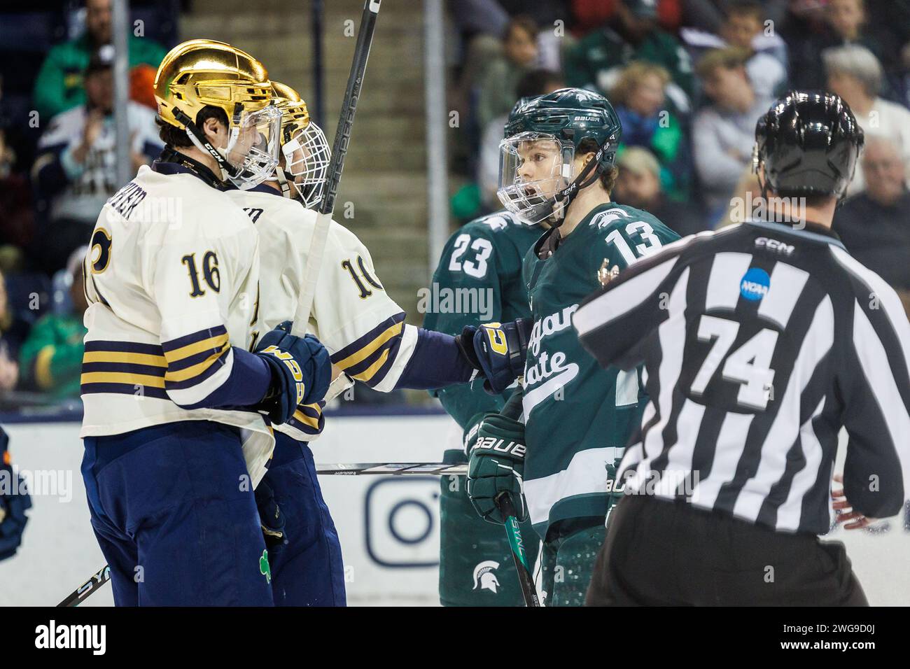 February 03, 2024: Notre Dame forward Hunter Strand (10) and Michigan ...