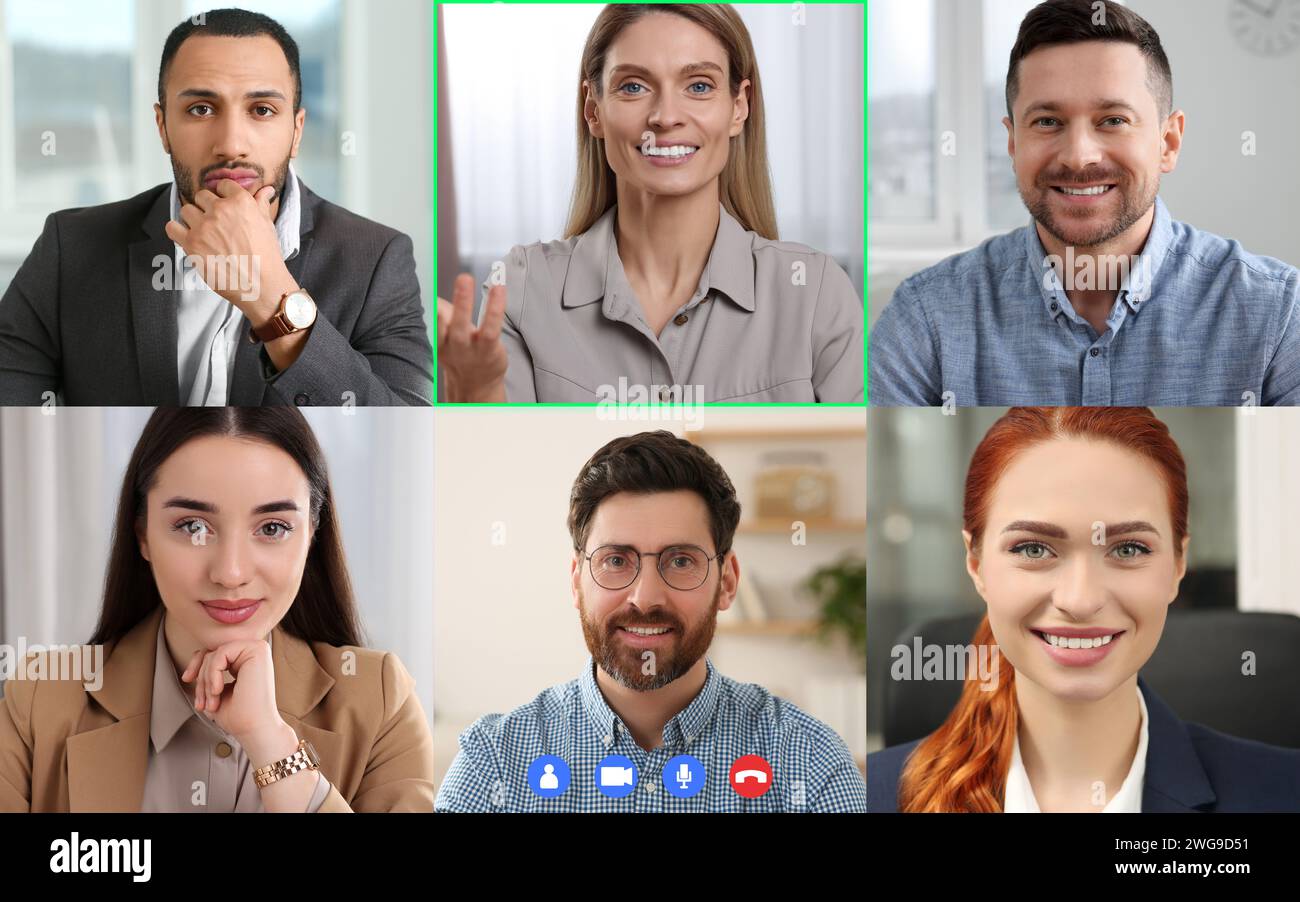 Laptop (computer) screen showing people during video call. Colleagues ...