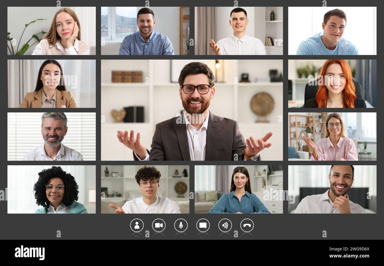 Laptop (computer) screen showing people during video call. Colleagues ...