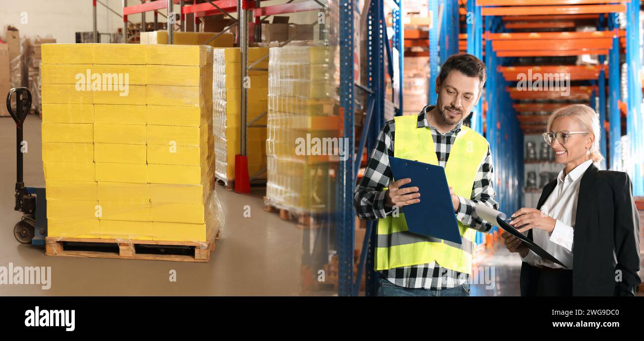 Distribution. Happy manager and worker in warehouse, double exposure ...