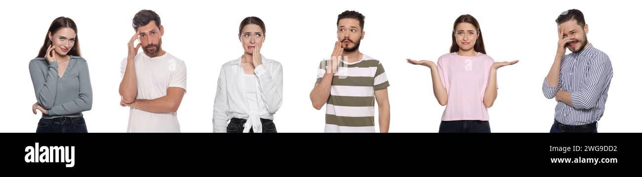 Embarrassed people on white background, set with photos Stock Photo - Alamy