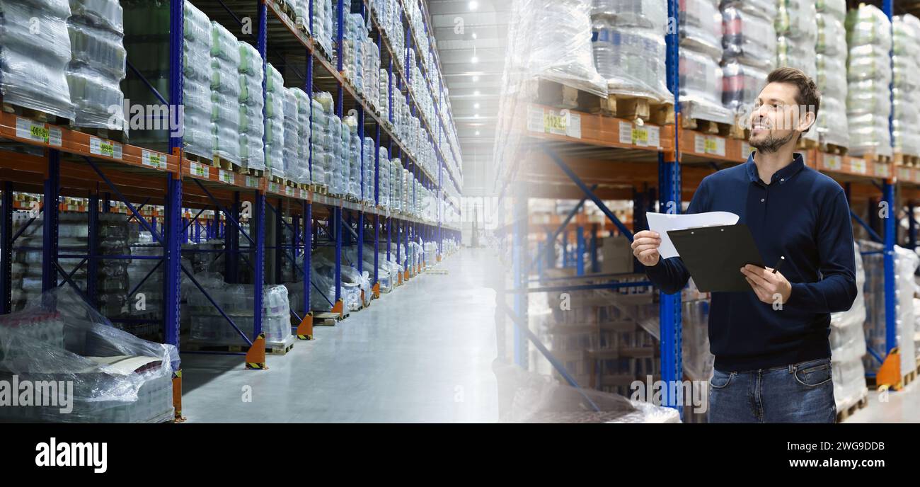 Distribution. Happy manager with clipboard in warehouse, double ...
