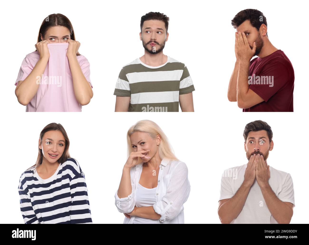 Embarrassed people on white background, set with photos Stock Photo - Alamy