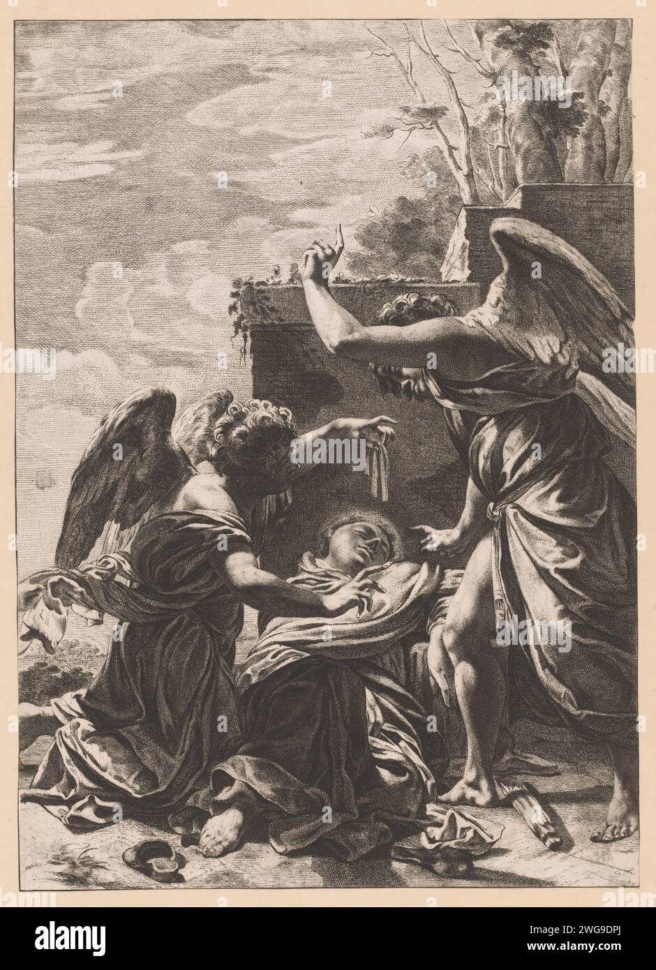 Two angels in a sleeping or deceased man, Anonymous, 1630 - 1730 print ...